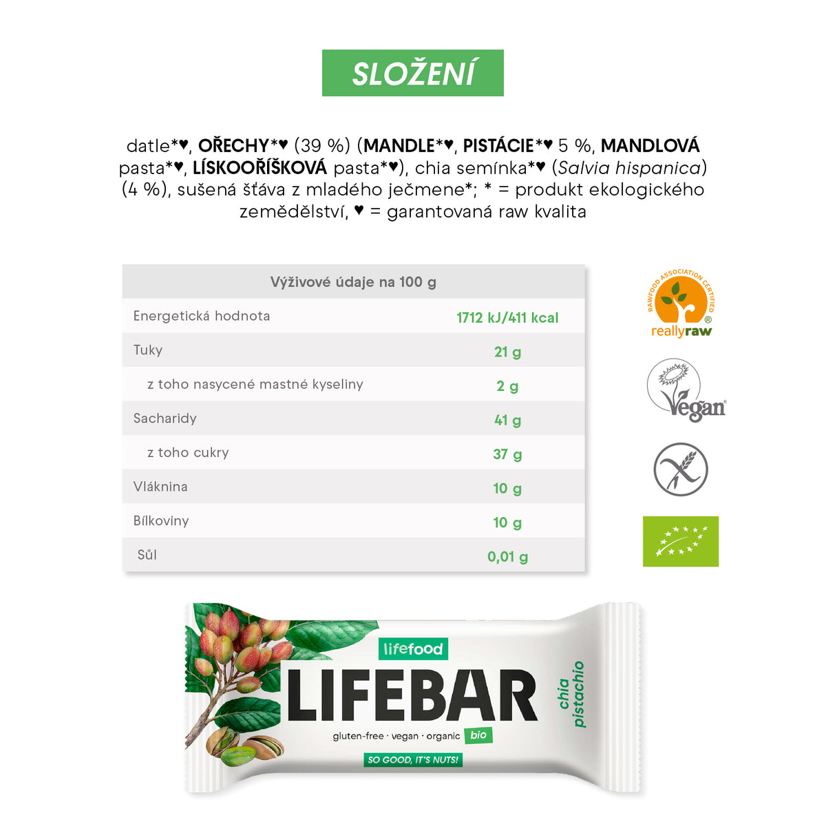 Lifefood Tyčinka Lifebar pistáciová s chia RAW BIO (40 g) – Econea.cz