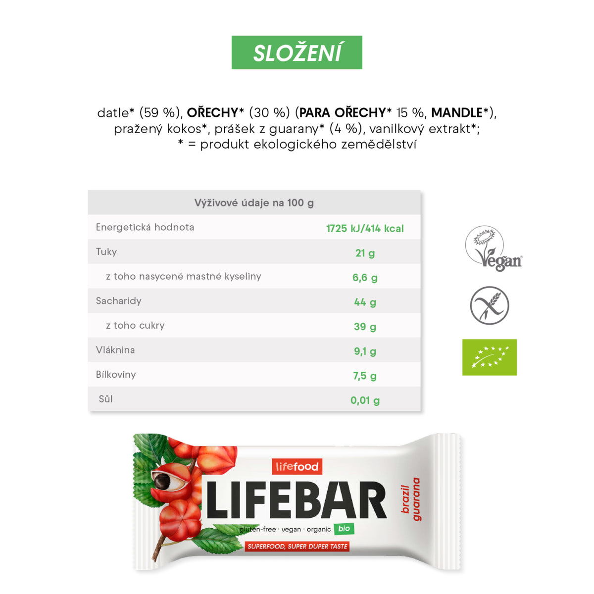 Lifefood Tyčinka Lifebar s para ořechy a guaranou BIO (40 g) – Econea.cz